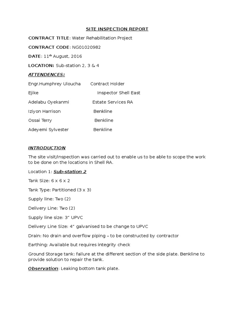 Site Inspection Report-Ra Water Tank Visit | PDF | Electrical ...