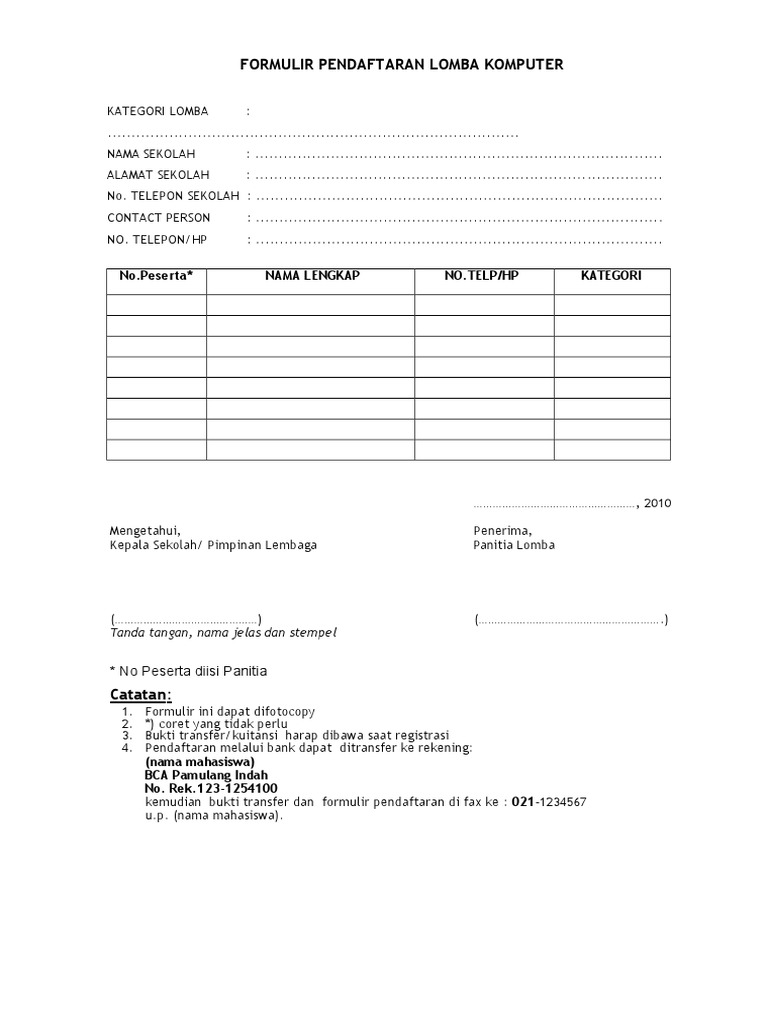 Formulir Pendaftaran Lomba Komputer | PDF