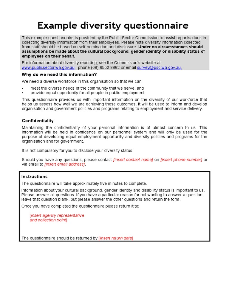 Example Diversity Questionnaire: Why Do We Need This Information? | PDF ...