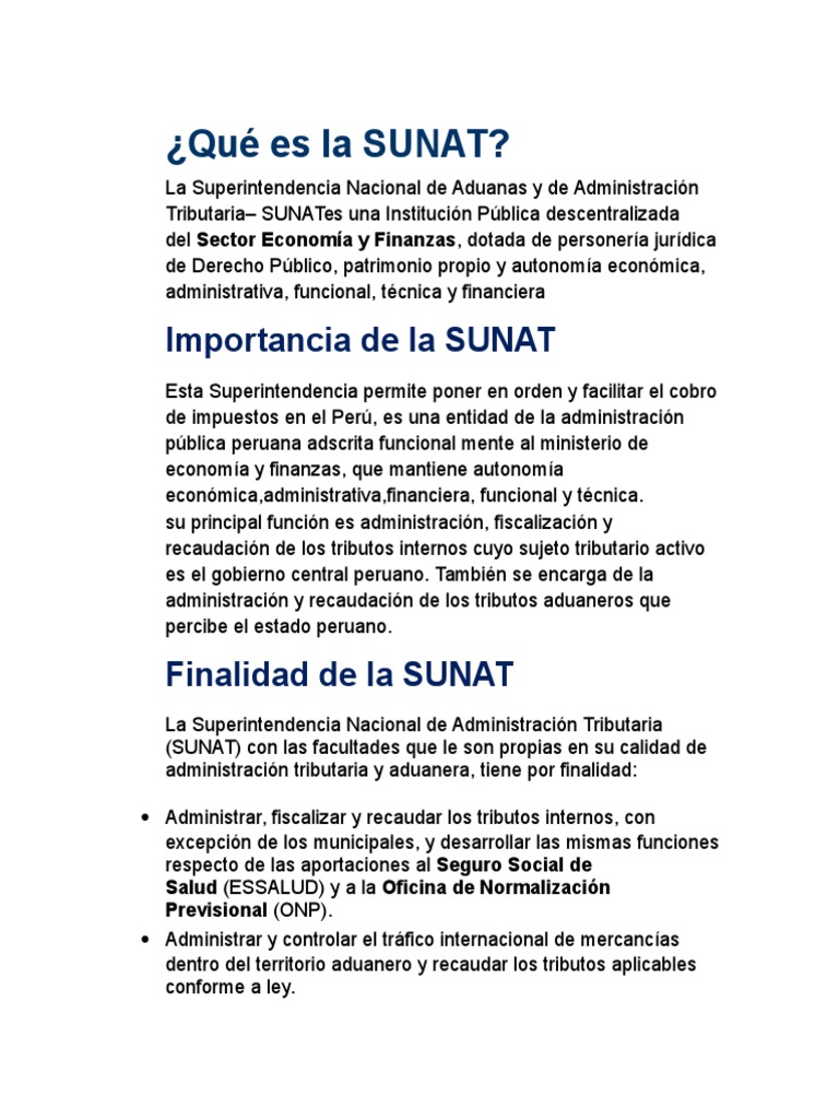 Qué es la SUNAT.docx | aduana | Impuestos | Prueba gratuita de 30 días | Scribd