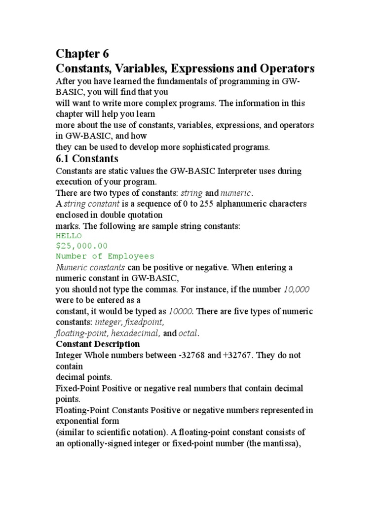 GW-BASIC Constants Variables Expressions Operators | PDF