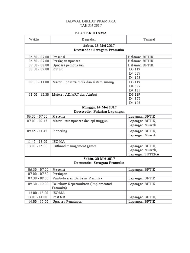 Jadwal Diklat Pramuka 2017 | PDF