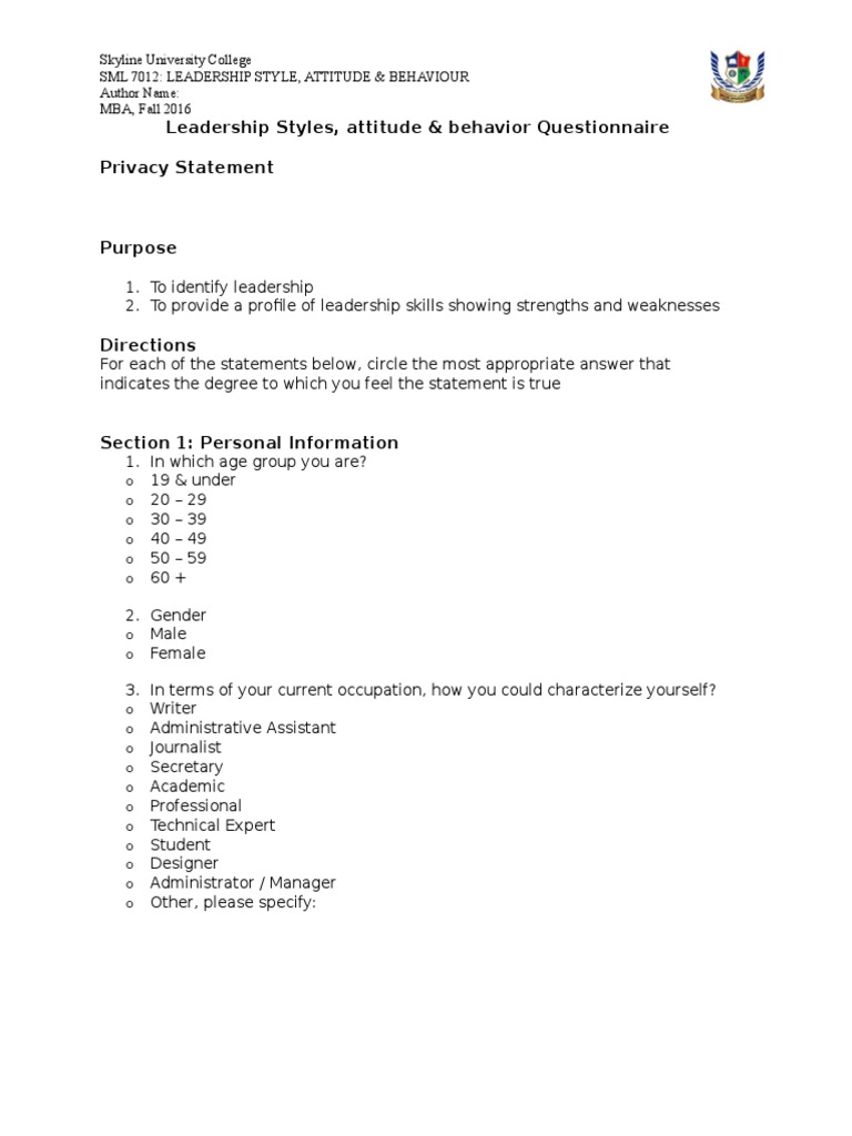 Leadership Styles, Attitude & Behavior Questionnaire Privacy Statement ...