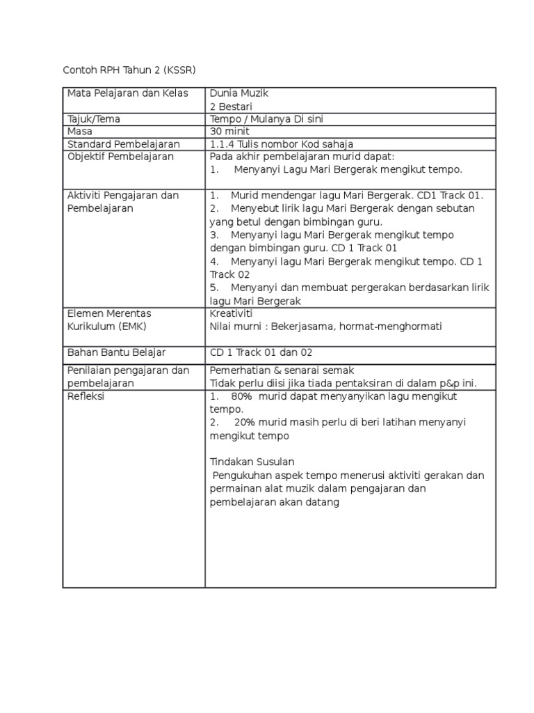 Contoh RPH Tahun 2 Dunia Muzik | PDF