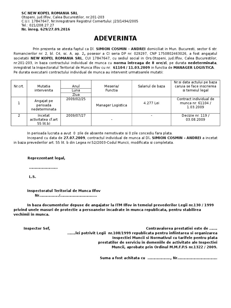 Adeverinta Vechime Model ITM