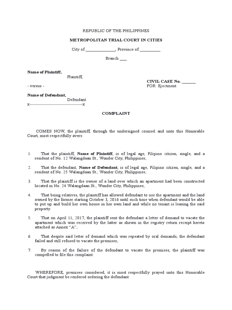 Sample Complaint - Civil Case | PDF | Lawsuit | Complaint