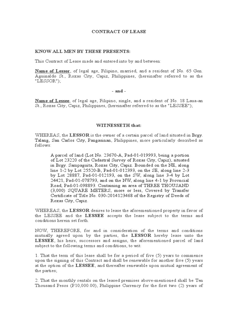 Sample Contract of Lease | PDF | Lease | Law And Economics