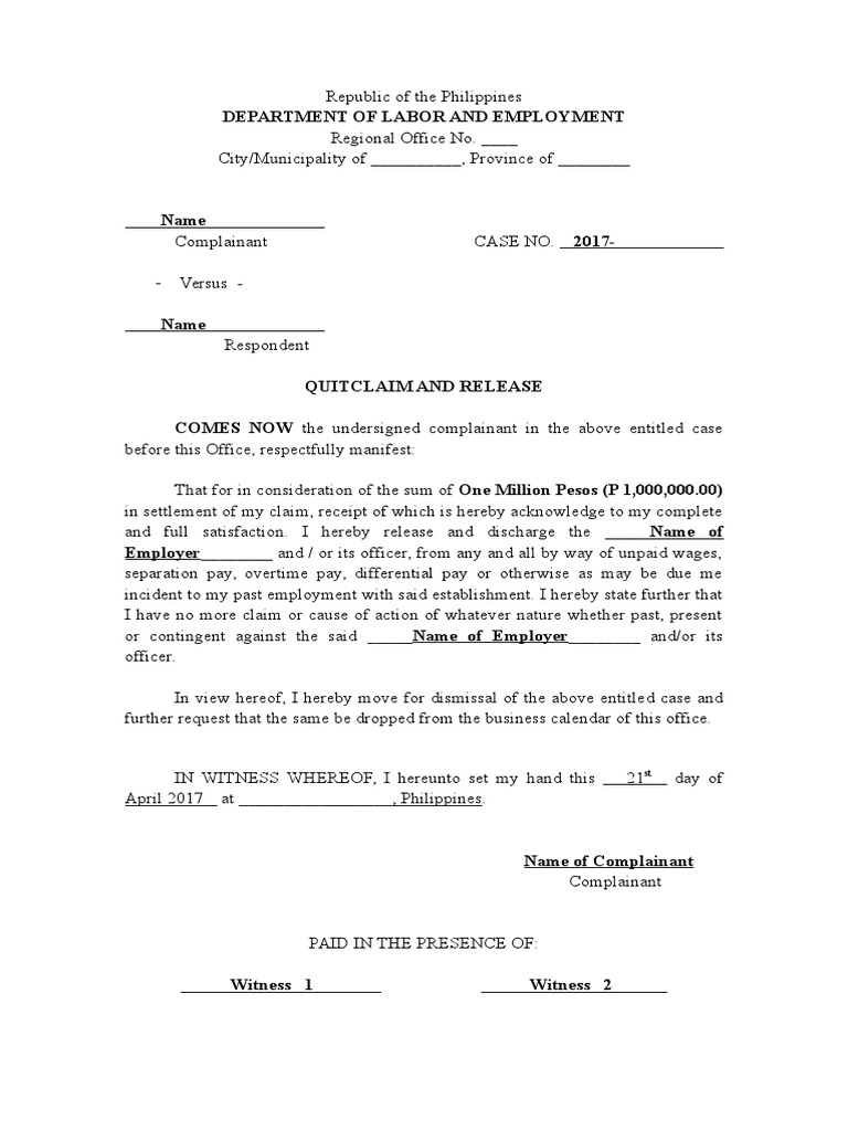 Sample Quitclaim and Release Form | PDF | Virtue | Common Law
