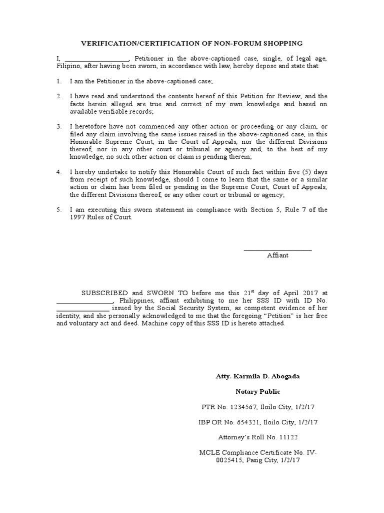 Sample Verification and Certification of Non Forum Shopping | PDF ...