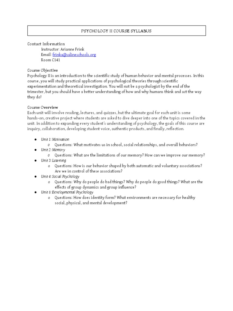 Psychology Ii Course Syllabus: Contact Information | PDF | Homework ...