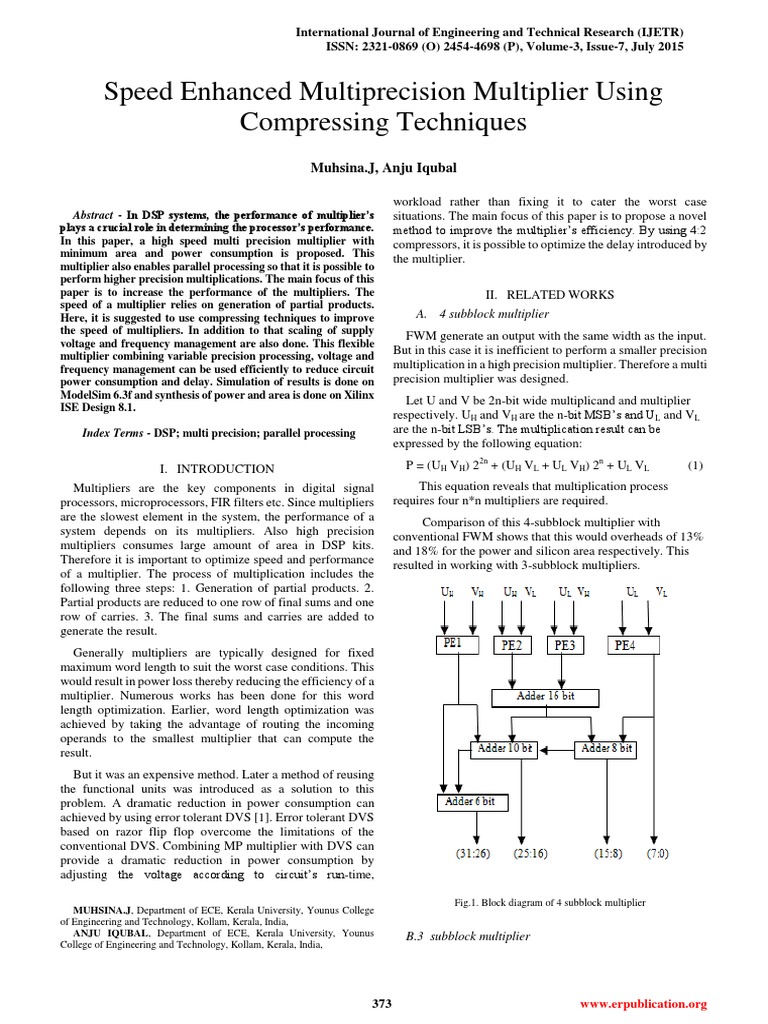 Speed Enhanced Multiprecision Multiplier Using Compressing Techniques | PDF | Data Compression ...