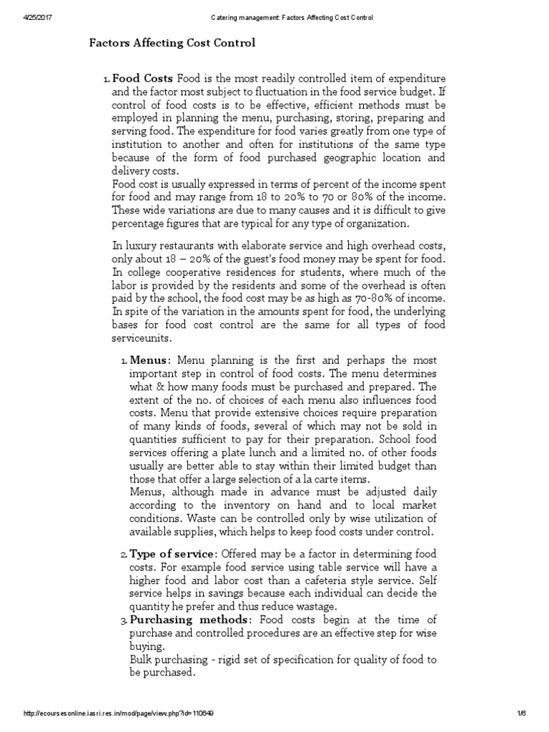 Catering Management - Factors Affecting Cost Control | PDF | Cost ...
