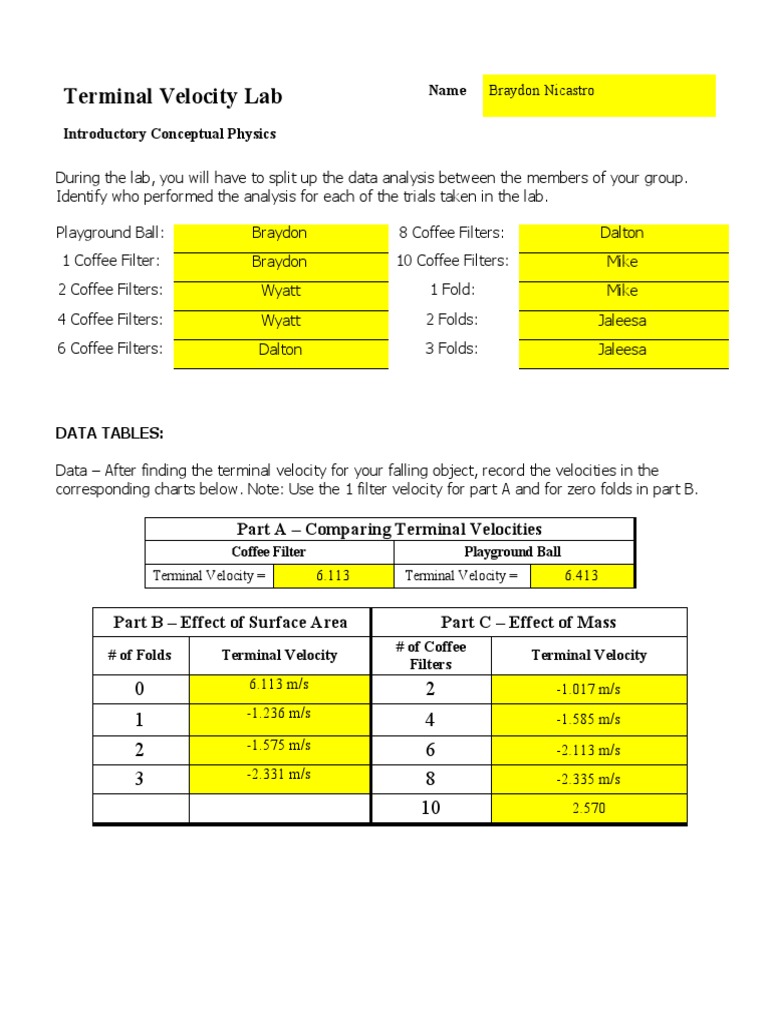 Terminal Velocity Lab: Name Introductory Conceptual Physics | PDF ...