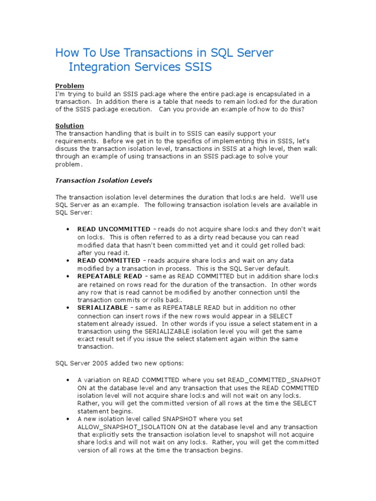 Transactions In Sql Server Integration Services Ssis Pdf Database Transaction Sql 