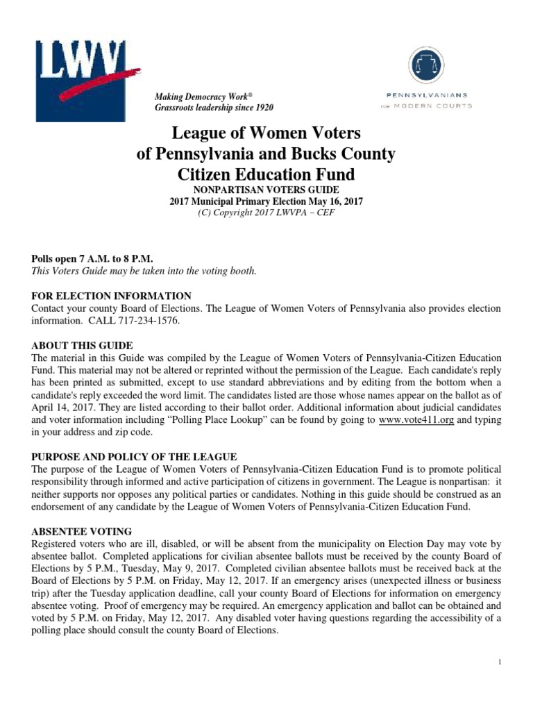 Non-Partisan League of Women Voters Guide - May Primary (Bucks County ...