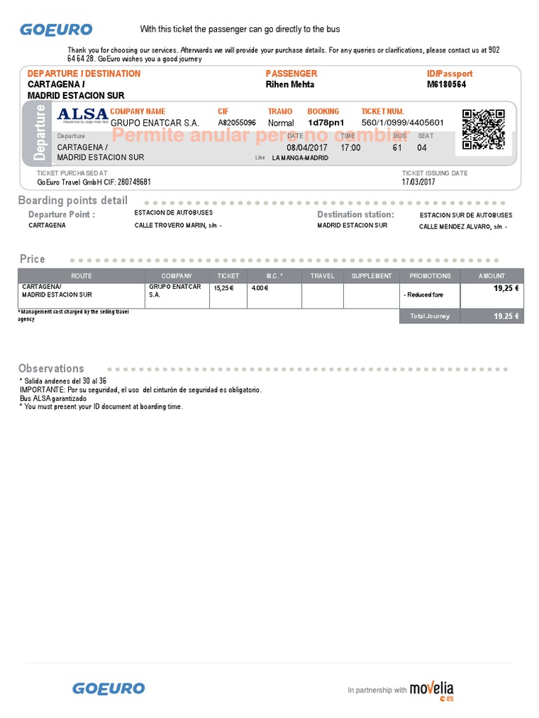GoEuro Bus Ticket: Cartagena to Madrid | PDF | Public Transport | Transport