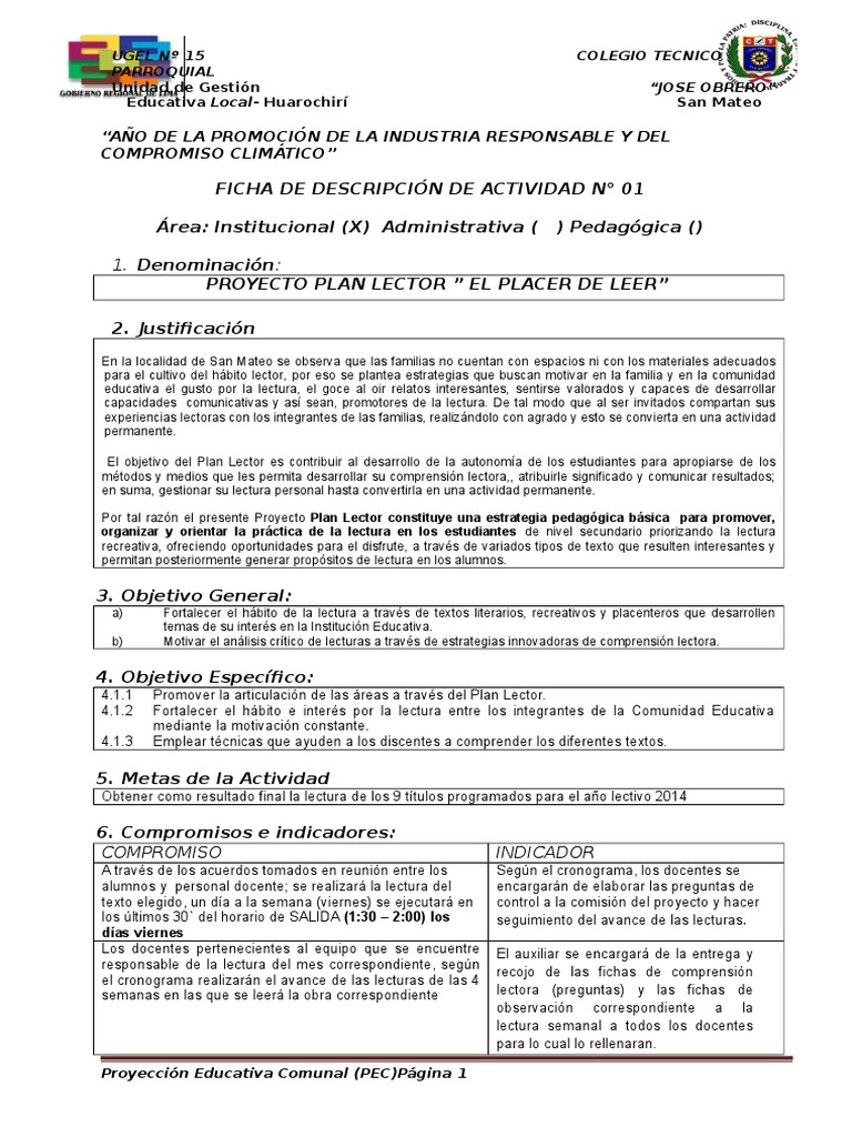 Ficha Pat Plan Lector | PDF | Lectura (proceso) | Comprensión lectora