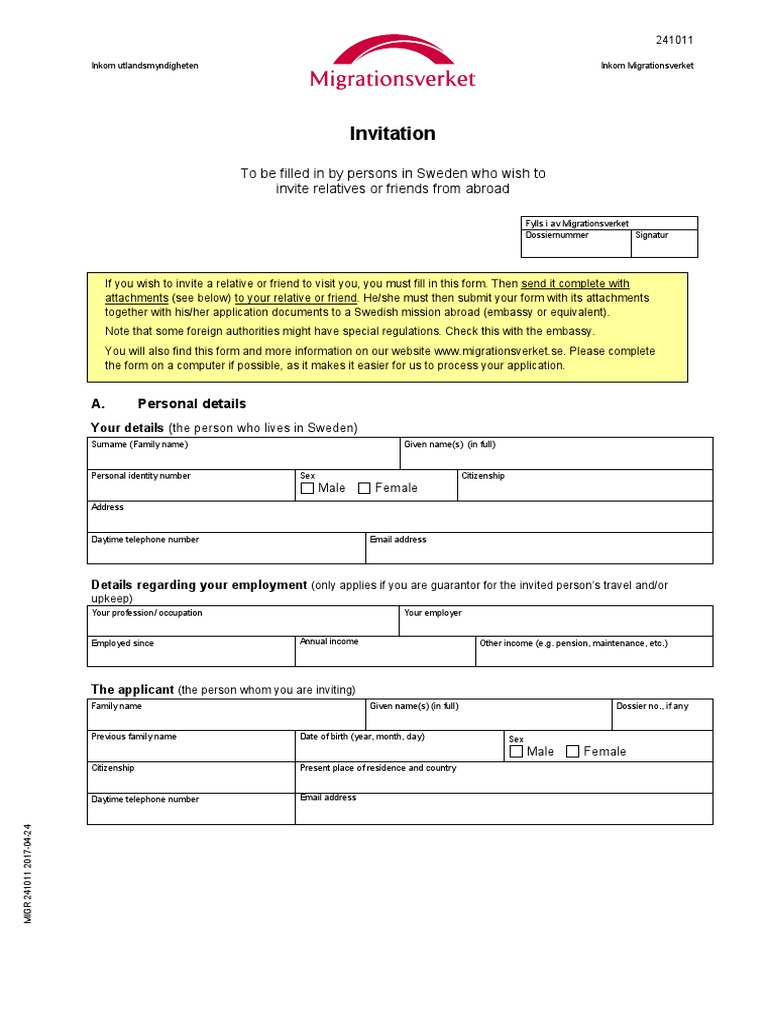 Sweden Visa Invitation Form 241011 | PDF