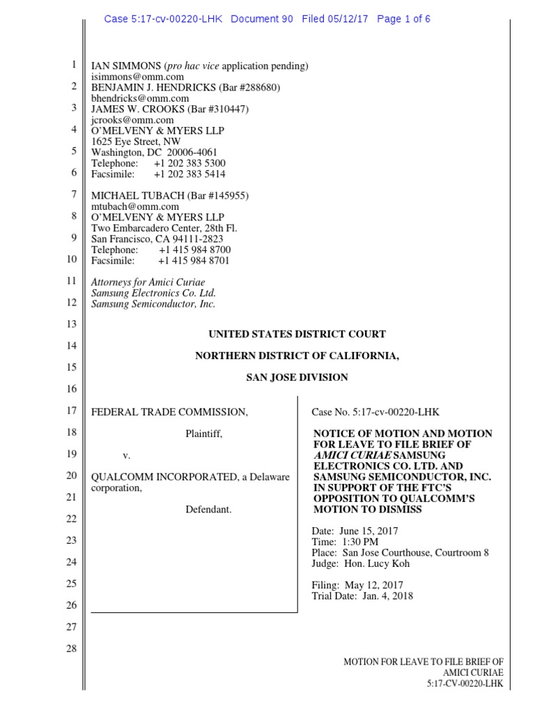17-05-12 Samsung Motion For Leave To File Amicus Brief FTC v. Qualcomm ...