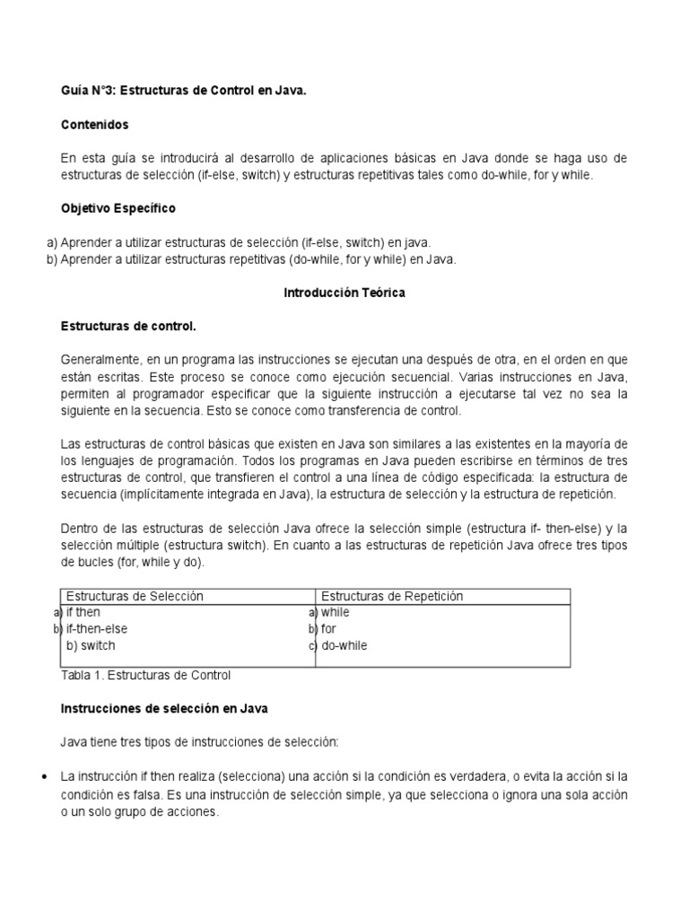 Guia N°03 - Estructuras de Control en Java | Descargar gratis PDF | Flujo de control | Java ...