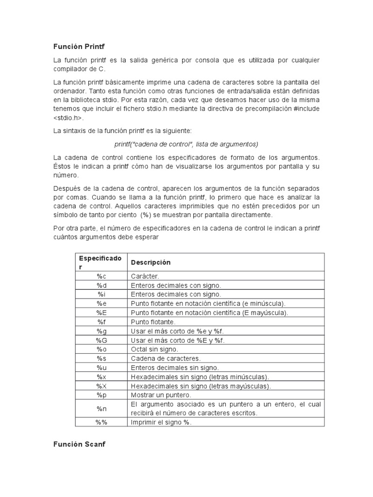 Funciones de entrada y salida estándar en C: printf y scanf | PDF | Programación de computadoras ...