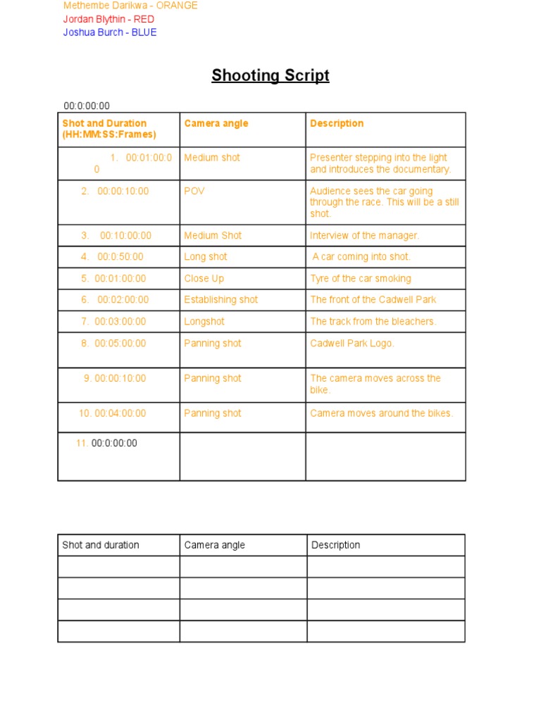 Shooting Script: Shot and Duration (HH:MM:SS:Frames) Camera Angle ...