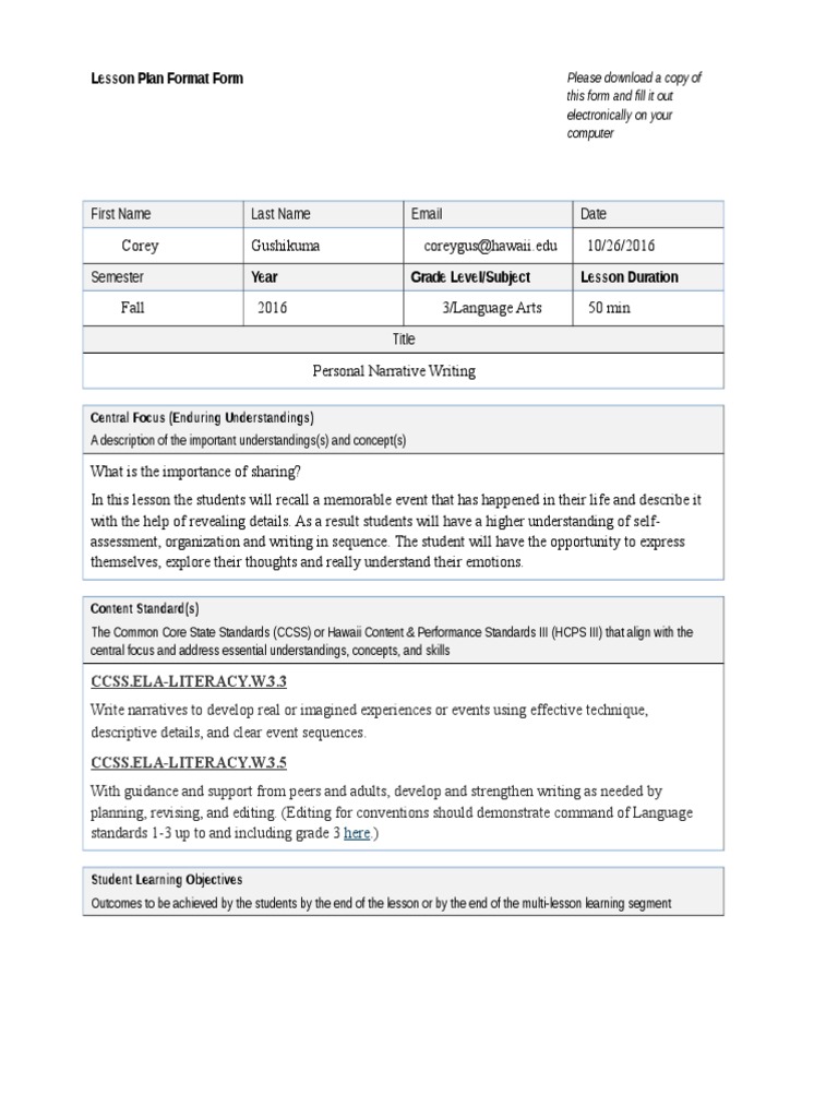 Lesson Plan Format Form: Central Focus (Enduring Understandings) | PDF ...