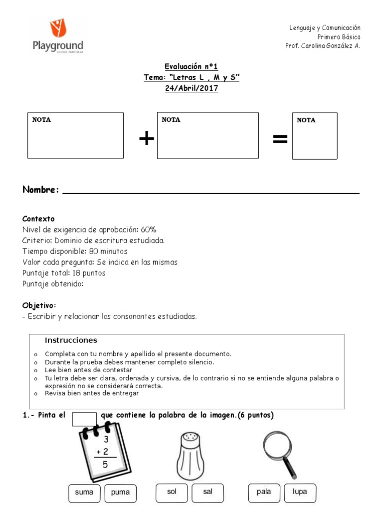 Prueba Lenguaje 1° Básico | PDF