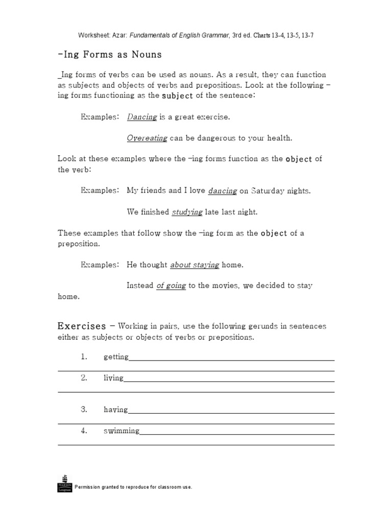 Worksheet: Azar:: Fundamentals of English Grammar, 3rd Ed. Charts 13-4 ...