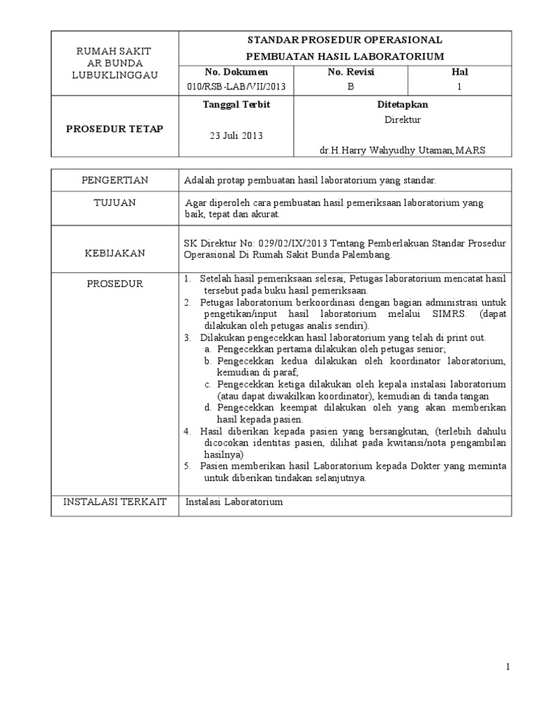 Protap Pembuatan Hasil Lab | PDF
