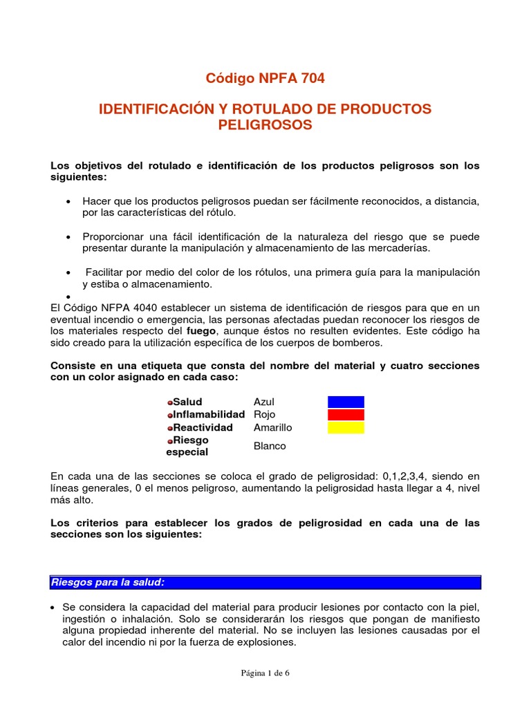 Codigo Nfpa 704 Identificacion y Rotulado de Productos Peligrosos ...