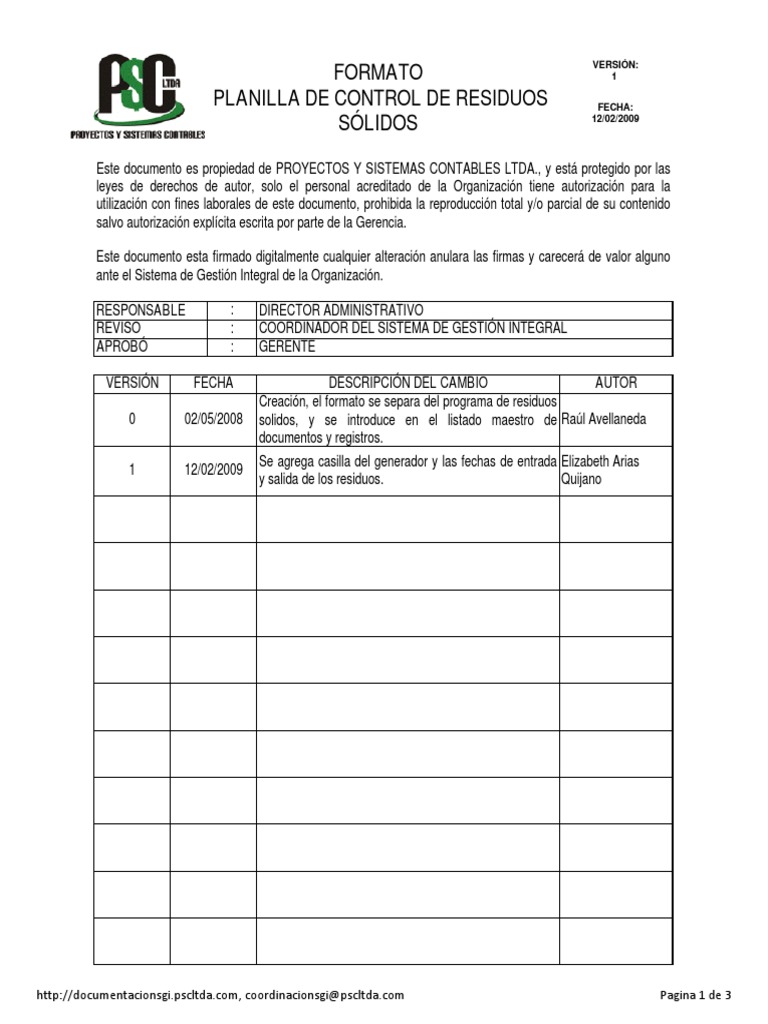 Formato Planilla de Control de Residuos Solidos | Descargar gratis PDF | Residuos | Science