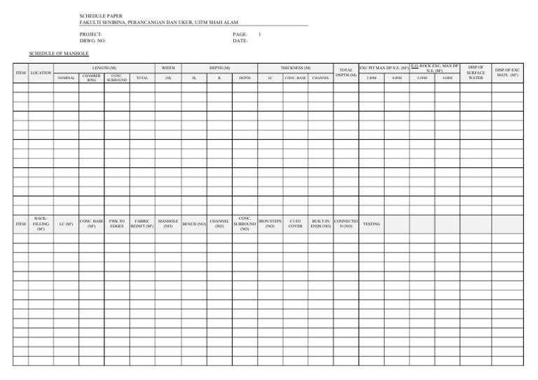 Schedule of Manhole Dimensions, Depths, and Excavation Quantities for ...