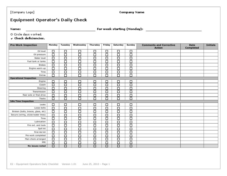 E2 - Equipment Operators Daily Checklist | Car | Mechanical Engineering