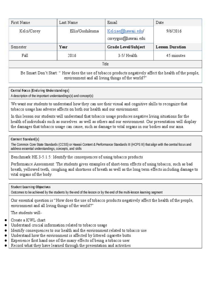 Tobacco Effects on Health and Environment | PDF | Lesson Plan ...