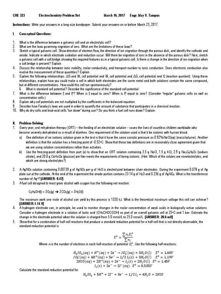 CHE 323 Electrochemisty Problem Set 3-16-17 | PDF | Electrochemistry ...