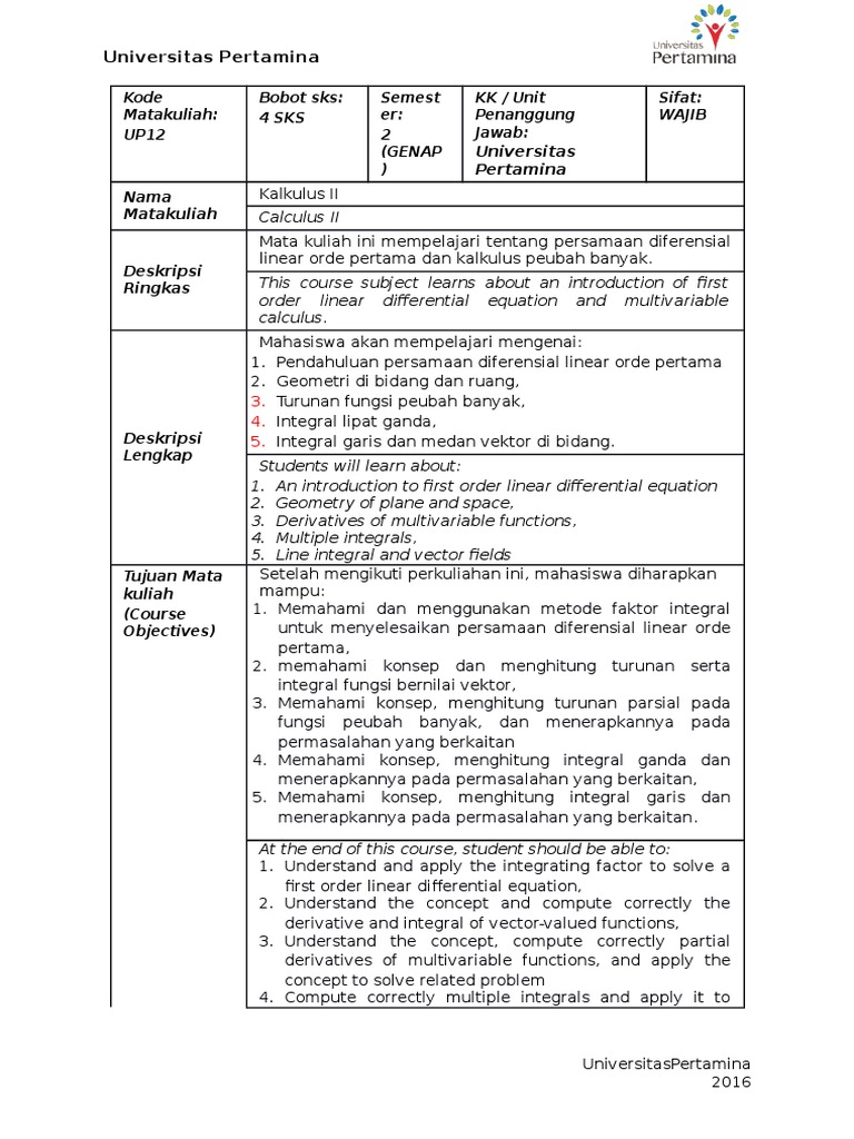V1 - Silabus Kalkulus II Thomas-Usul B | PDF | Derivatif | Integral