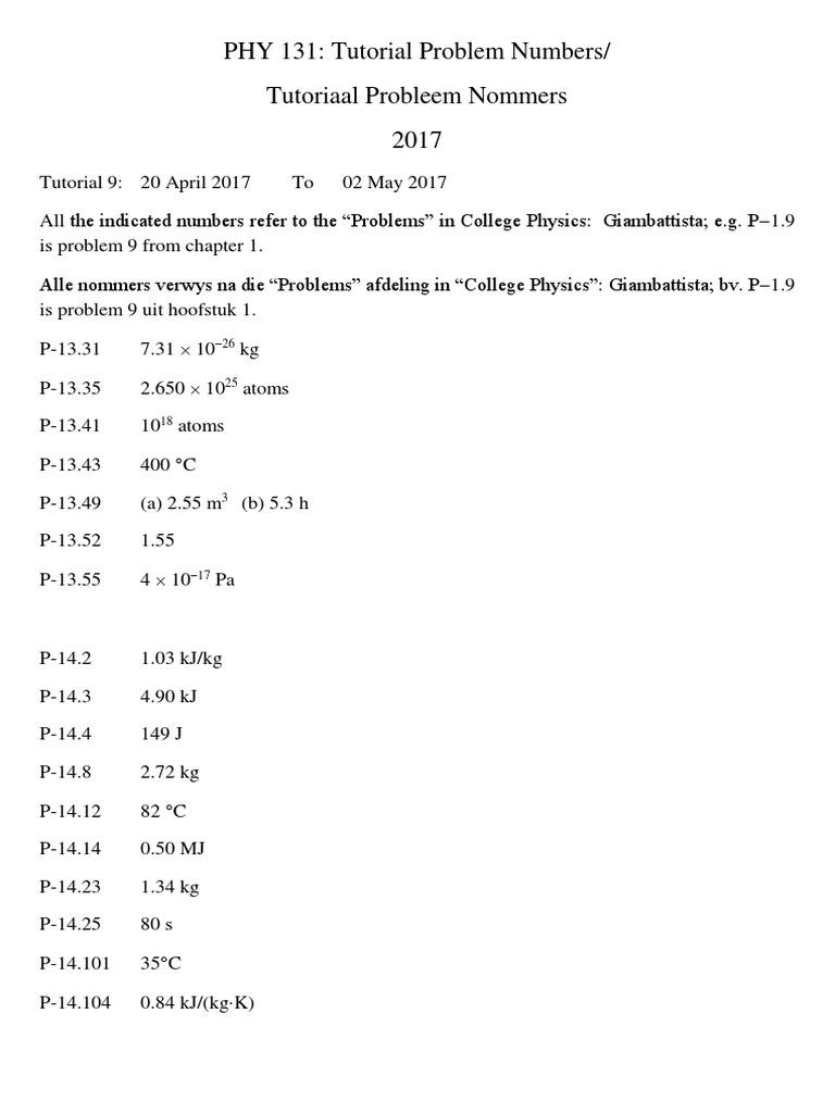 PHY 131 Tutorial Problem Numbers 2017 | PDF