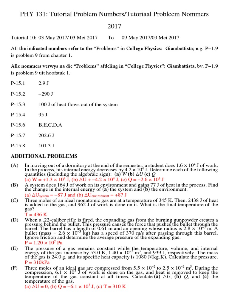 PHY 131 Tutorial 10 Problems | PDF | Gases | Heat
