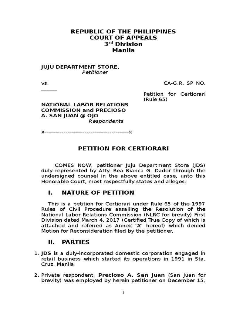 Petition For Certiorari From NLRC To CA | PDF | Employment | Judgment (Law)