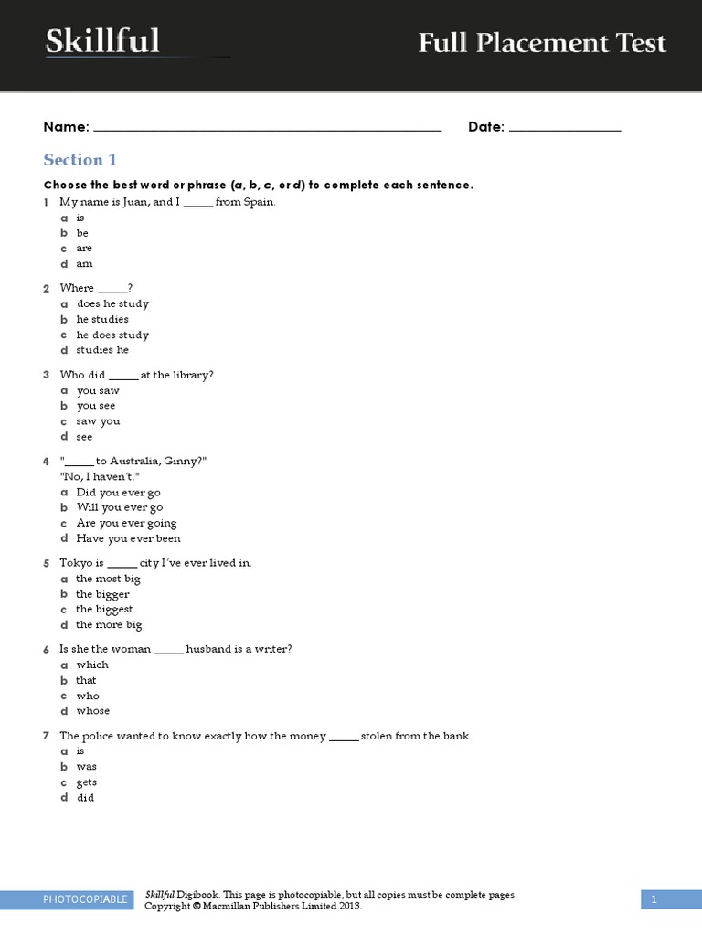 Skillful Listening & Speaking Full Placement Test | PDF | Tourism ...