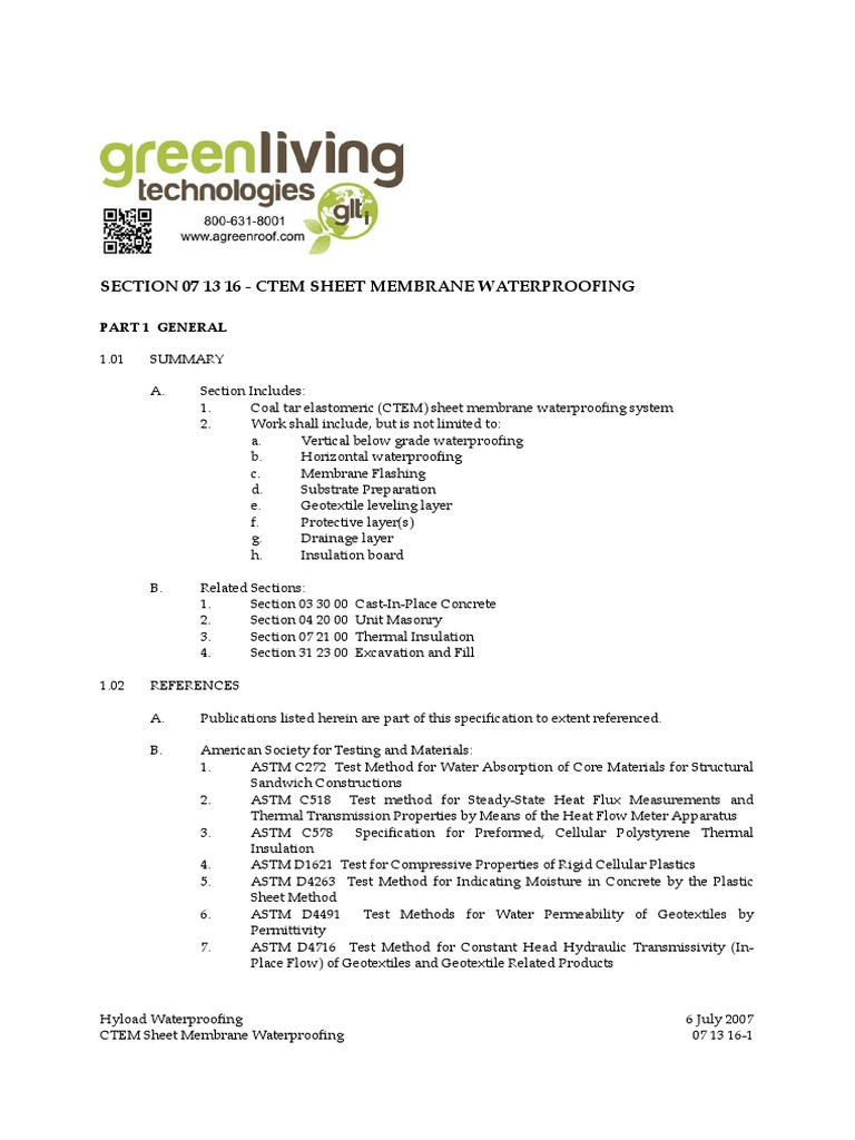 Coal Tar Elastomeric Sheet Membrane Waterproofing System Specification ...