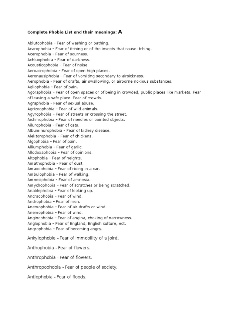 Complete Phobia List and Their Meanings | PDF | Phobia | Agoraphobia