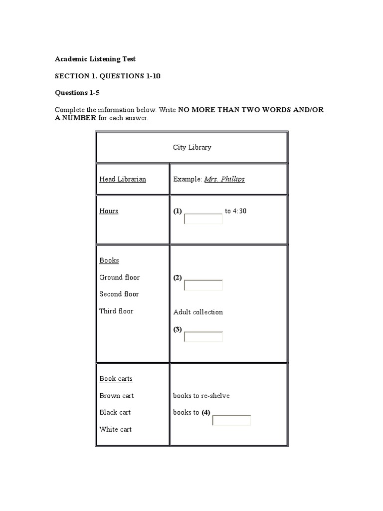 Academic Listening Test Section 1. Questions 1-10 Questions 1-5 | PDF ...
