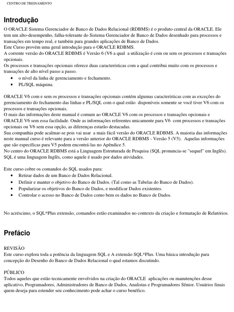 Treinamento Oracle | PDF | PL/SQL | SQL Treinamento Oracle | PDF | PL/SQL | SQL