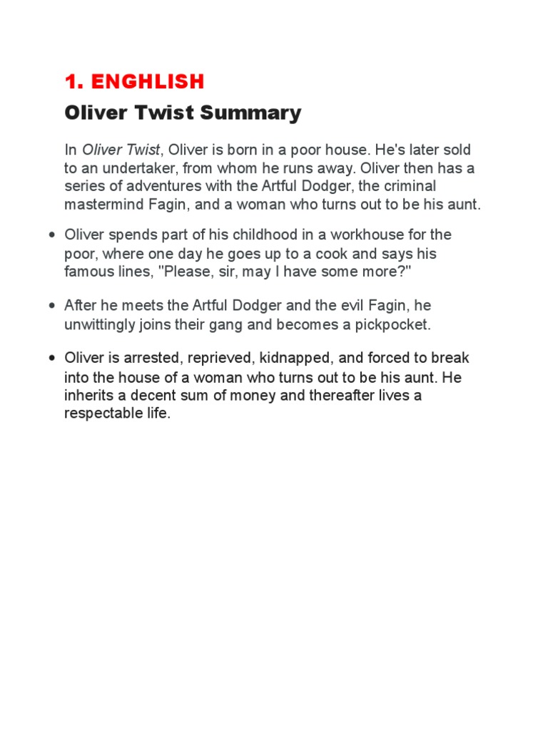 ENGLISH Oliver Twist Summary | PDF