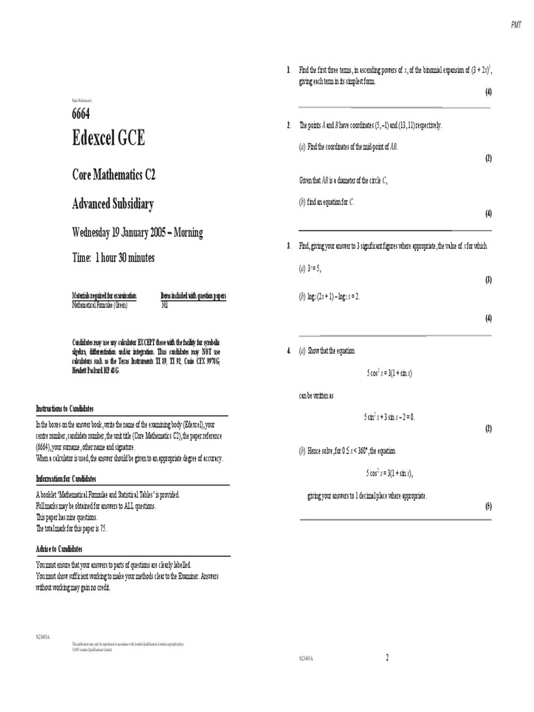 Combined QP (Reduced) - C2 Edexcel | PDF | Trigonometric Functions | Sine