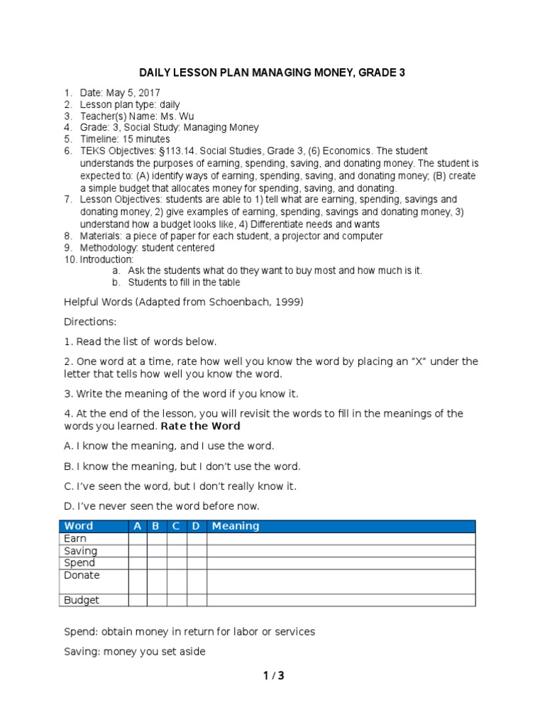 Grade 3 Money Management Lesson Plan | PDF | Lesson Plan | Education Theory