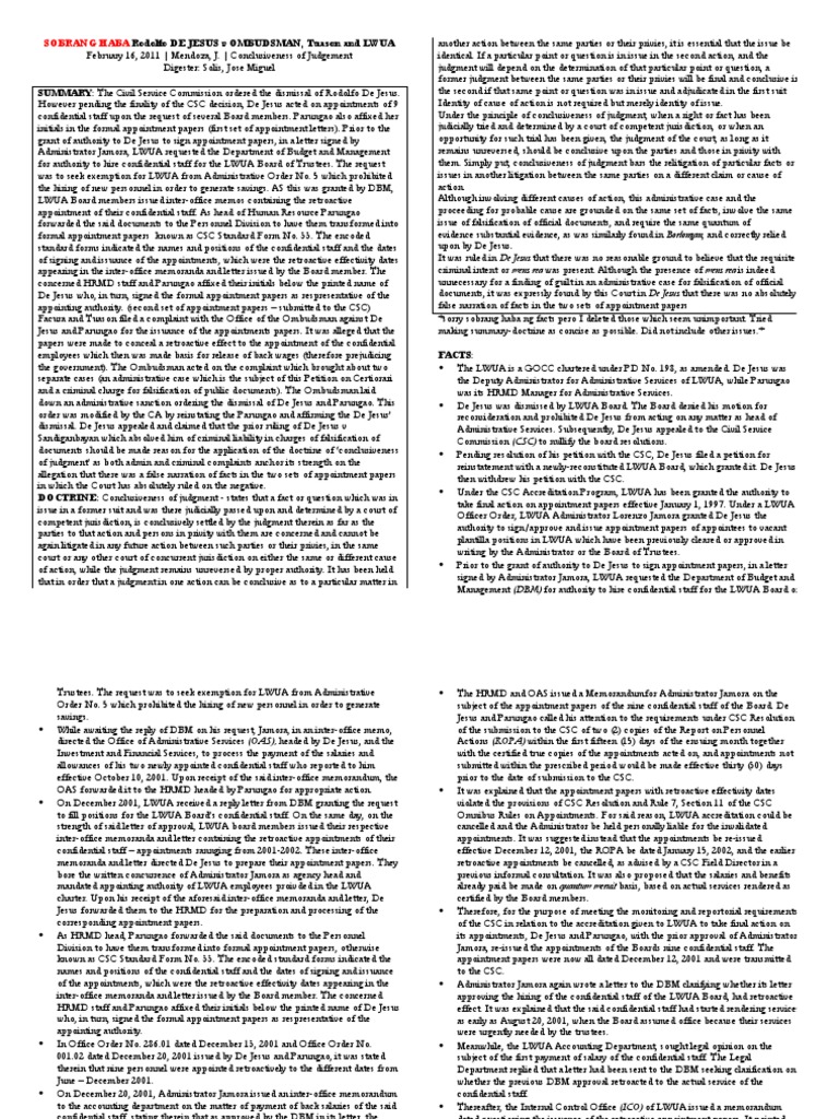 Sobrang Haba: Rodolfo DE JESUS V OMBUDSMAN, Tuason and LWUA | PDF ...