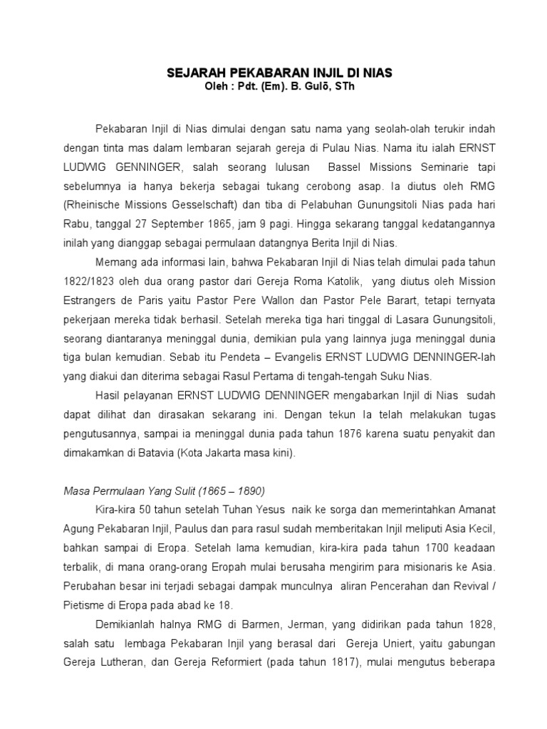 Sejarah Pekabaran Injil Di Nias | PDF